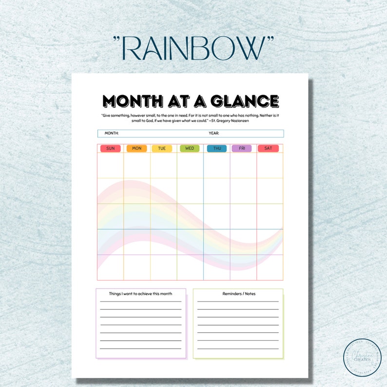 Rainbow Month at a Glance Printable 2023, Blank Monthly Planner Digital ...
