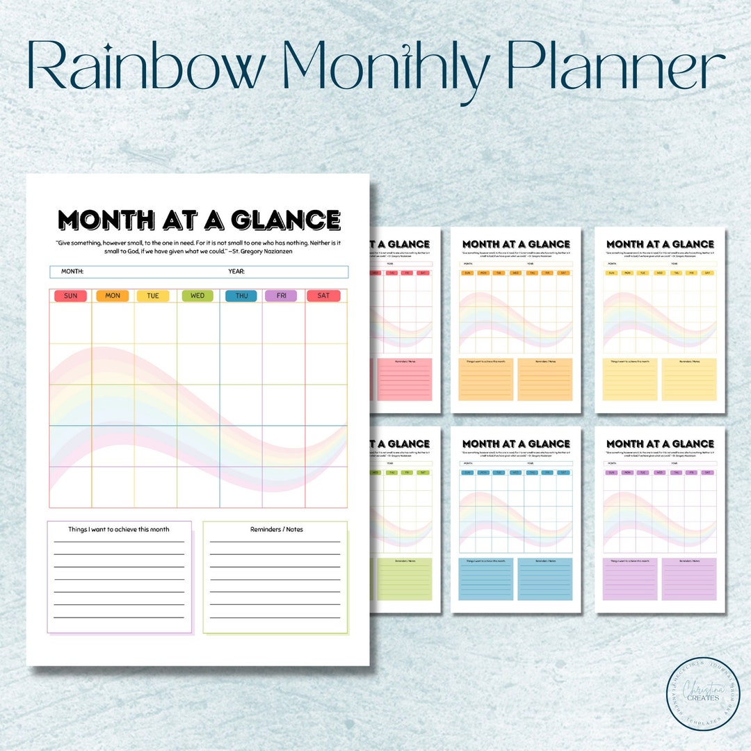 Rainbow Monthly Planner Printable, Blank Month at a Glance Page, 2023 ...