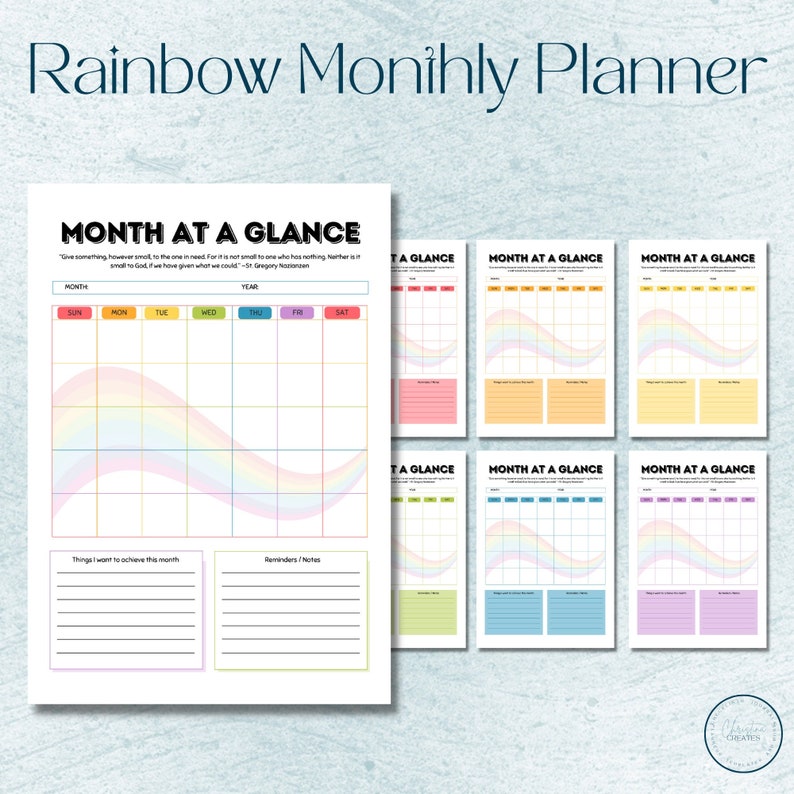 Rainbow Monthly Planner Printable, Blank Month at a Glance Page, 2023 ...