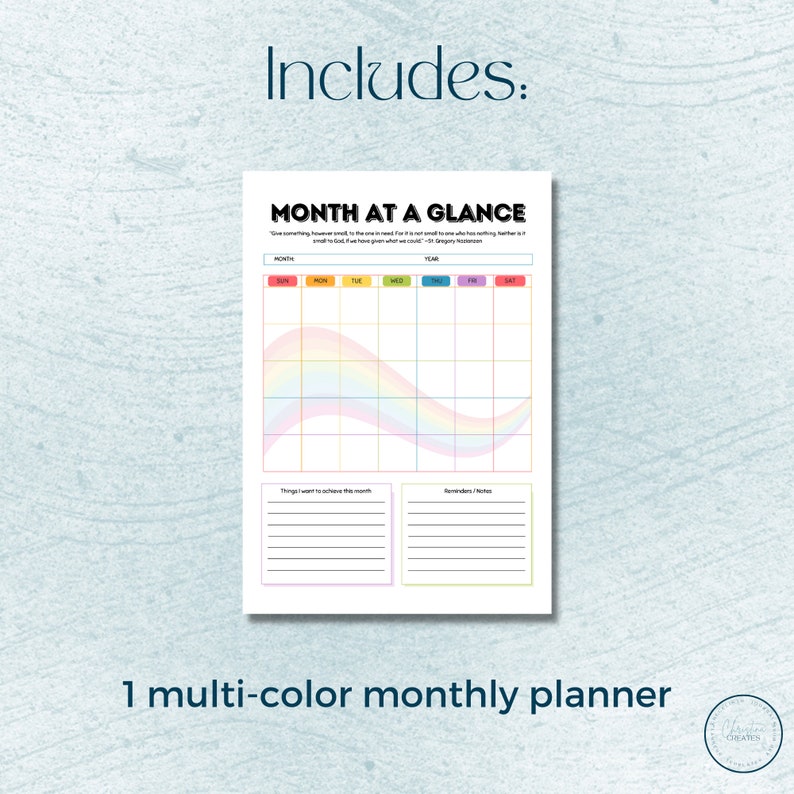 Rainbow Monthly Planner Printable, Blank Month at a Glance Page, 2023 ...