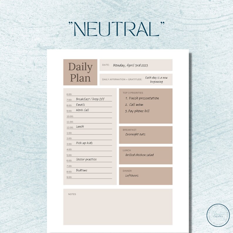 Neutral Daily Planner, Printable Daily Planner Page, One Page Planner ...