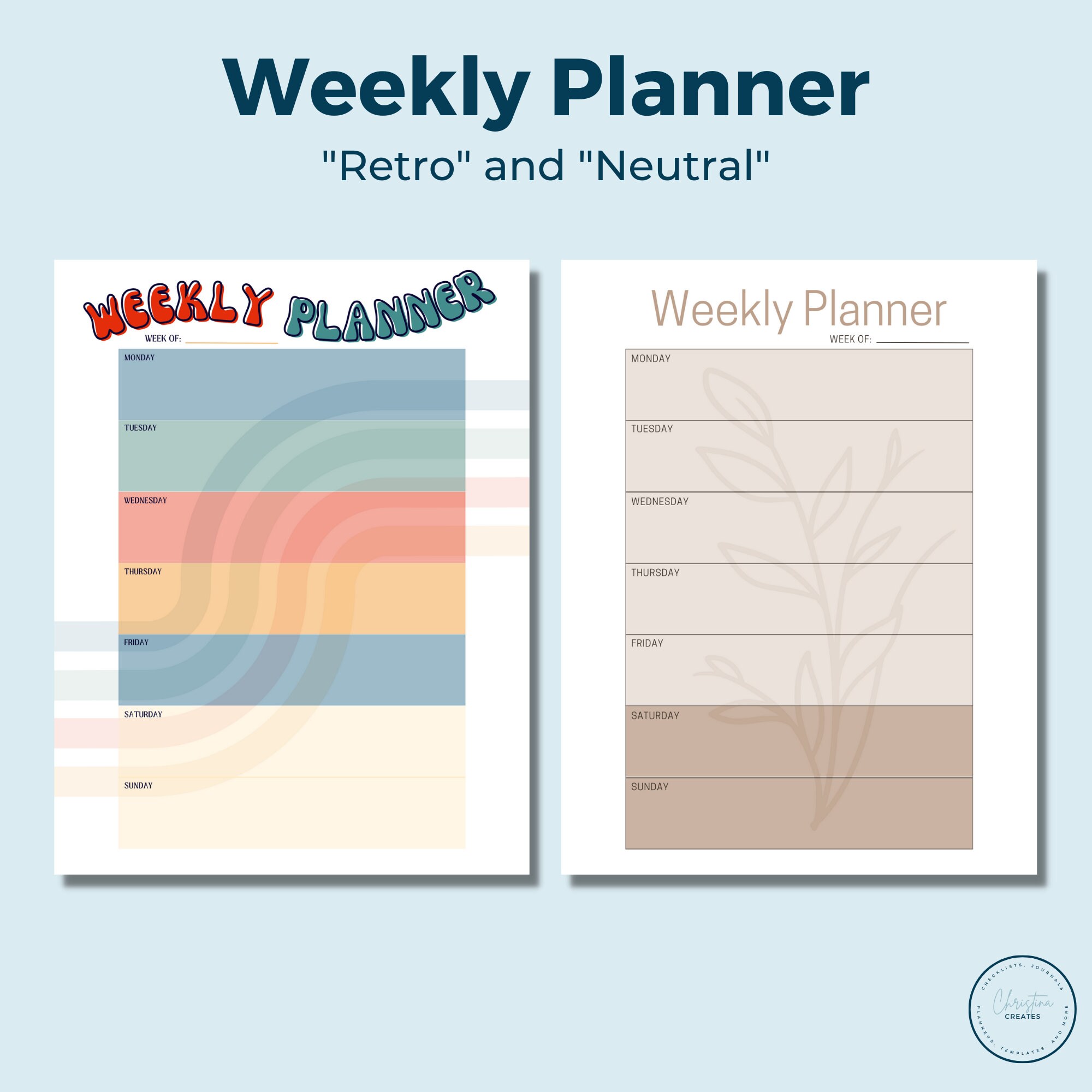 One Page Weekly Planner in Six Styles, 2023 Weekly Planner Printable ...