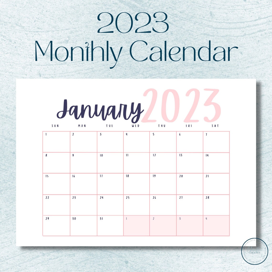 Pastel Monthly Calendar 2023 Printable Horizontal Calendar - Etsy