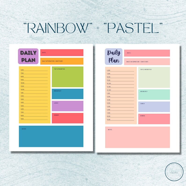 One Page Daily Planner in Six Styles, Printable Daily Planner Page, One ...