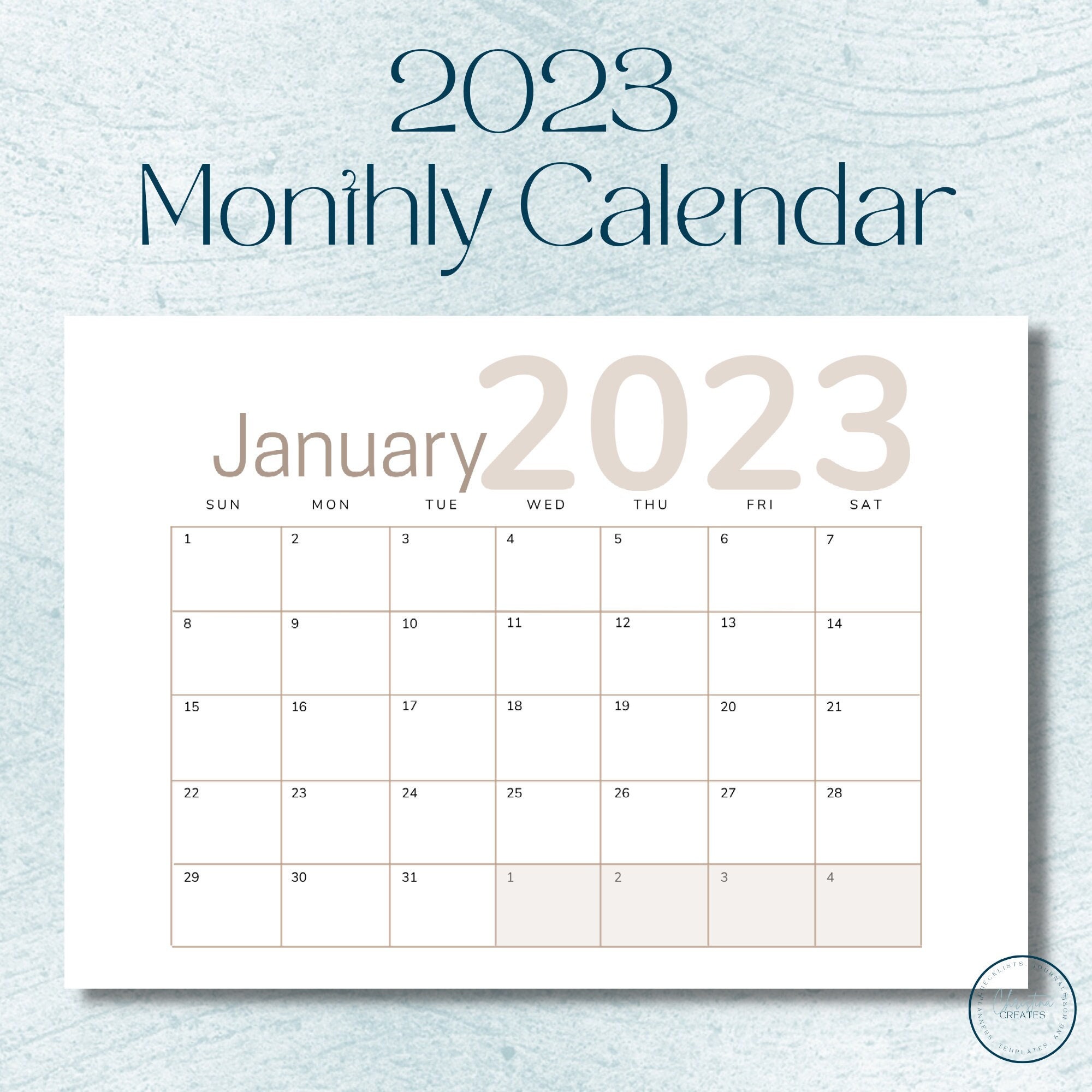 Neutral Monthly Calendar 2023 Printable Horizontal Calendar - Etsy