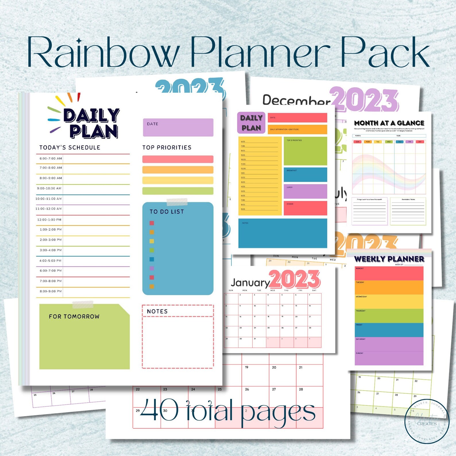 Rainbow Planner Pack Digital, Cute One Page Schedule, Daily Weekly ...