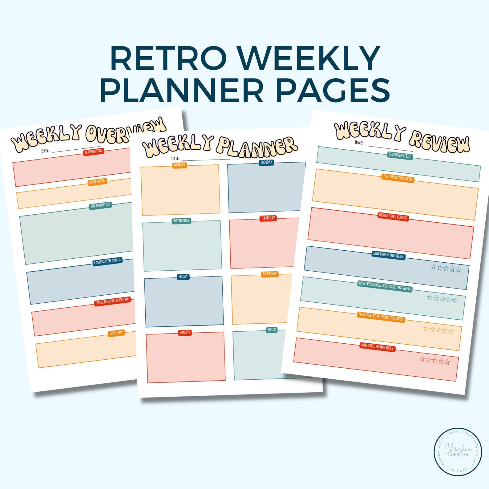 Retro Weekly Planner Pack, One Page Digital Printable Review, Back to ...