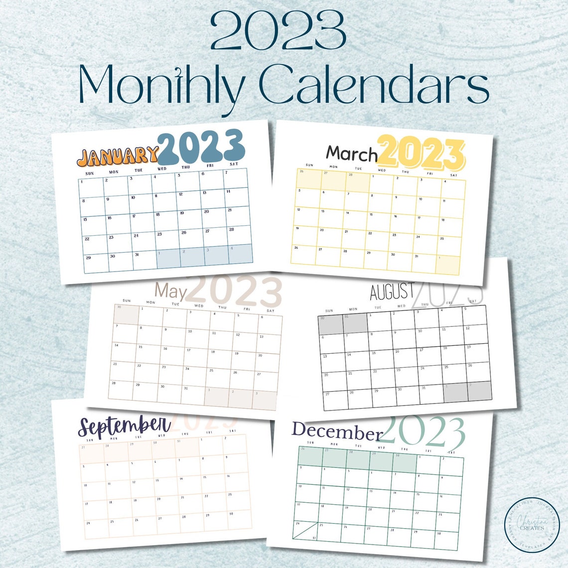 12 One Page Monthly Calendars in Six Styles, Horizontal Calendar ...