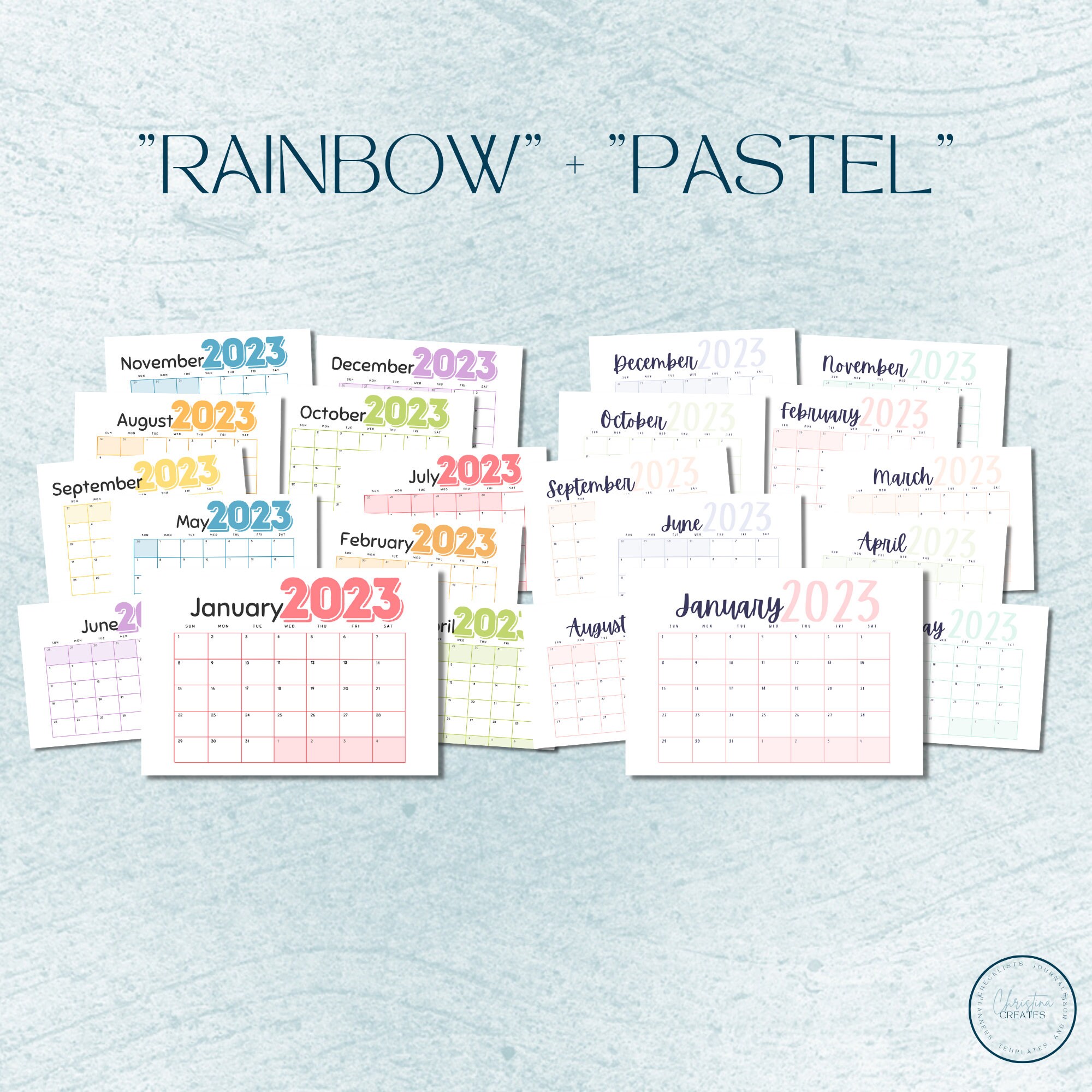 12 One Page Monthly Calendars in Six Styles, Horizontal Calendar ...