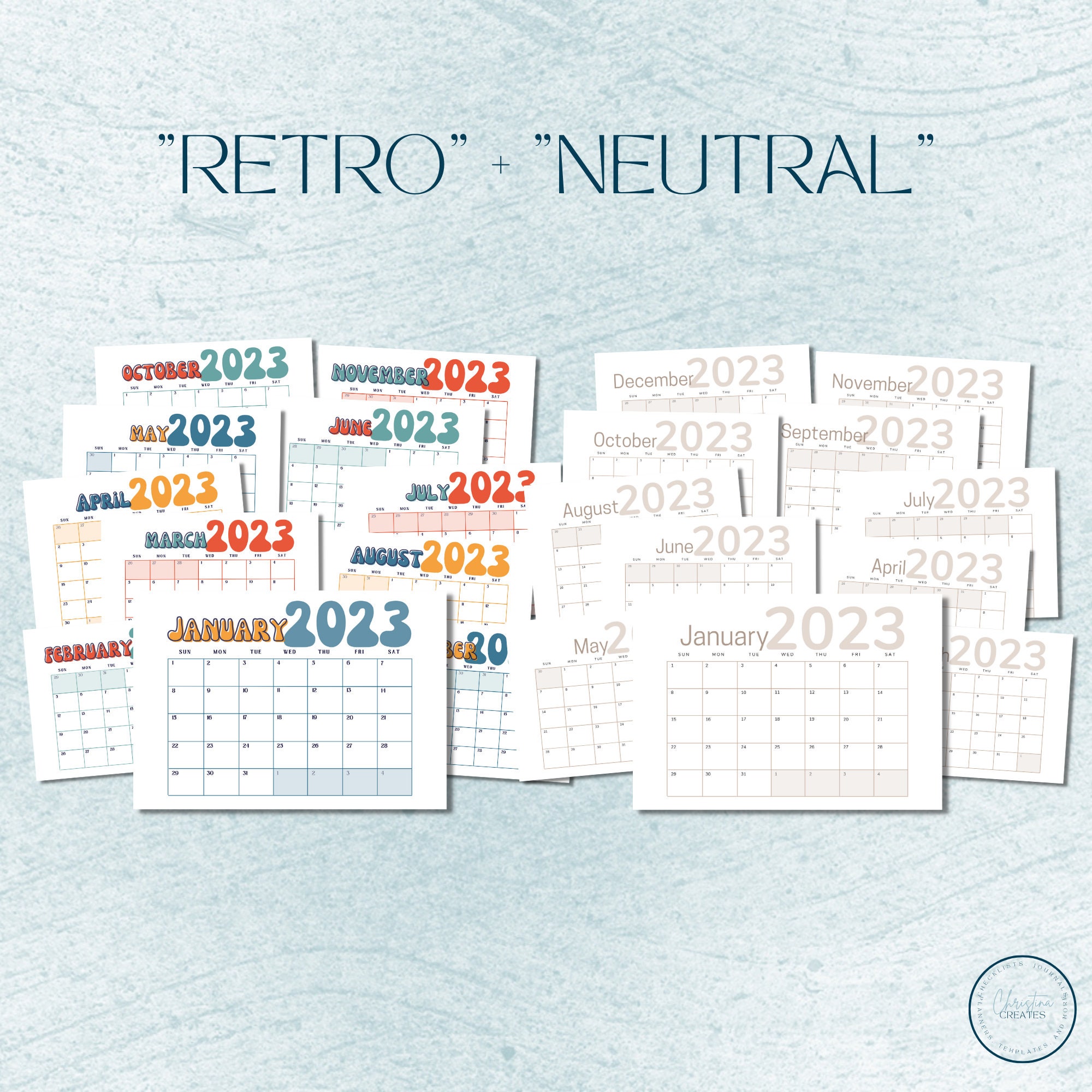 12 One Page Monthly Calendars in Six Styles, Horizontal Calendar ...