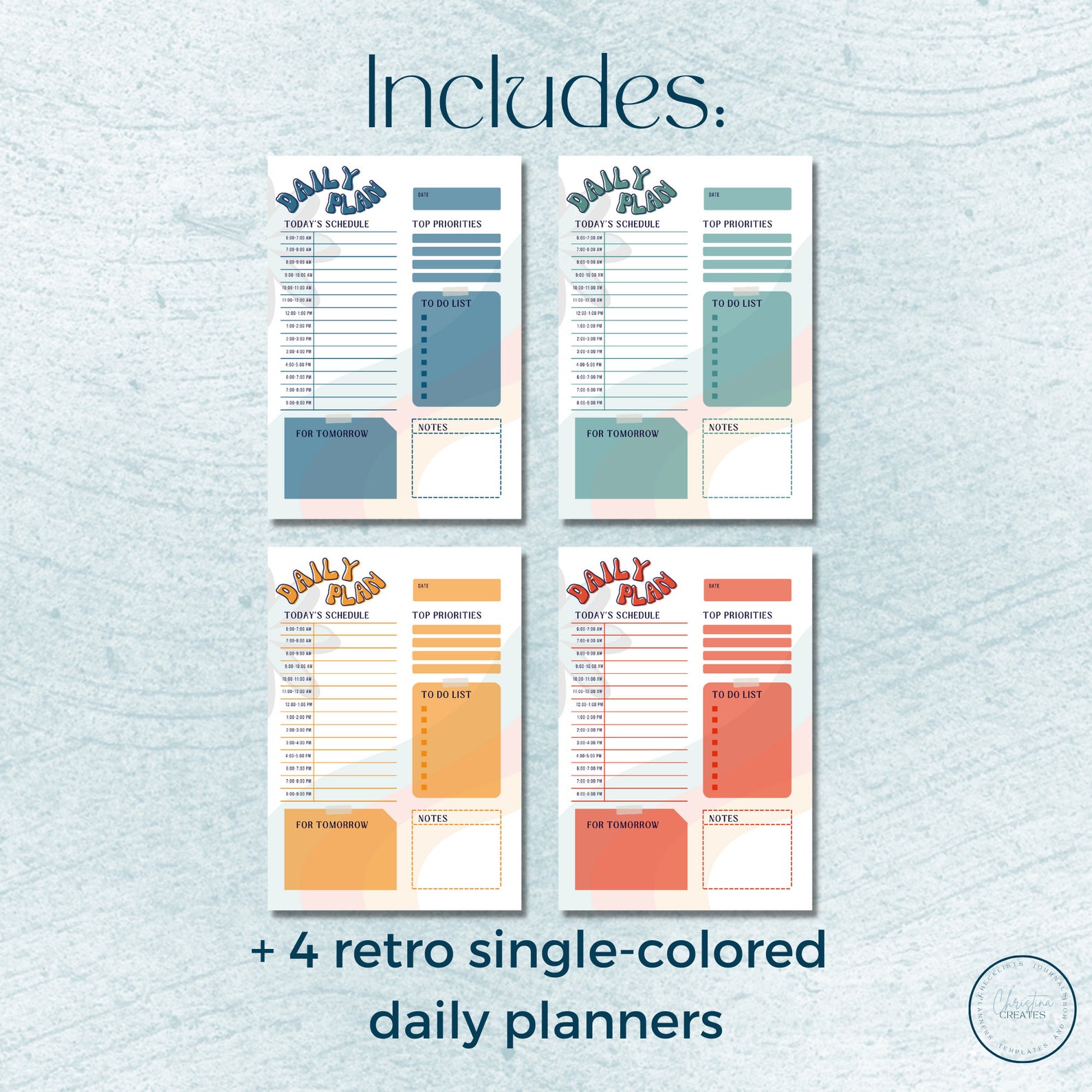 Retro Daily Planner Printable, One Page Digital Plan, Undated Hourly ...