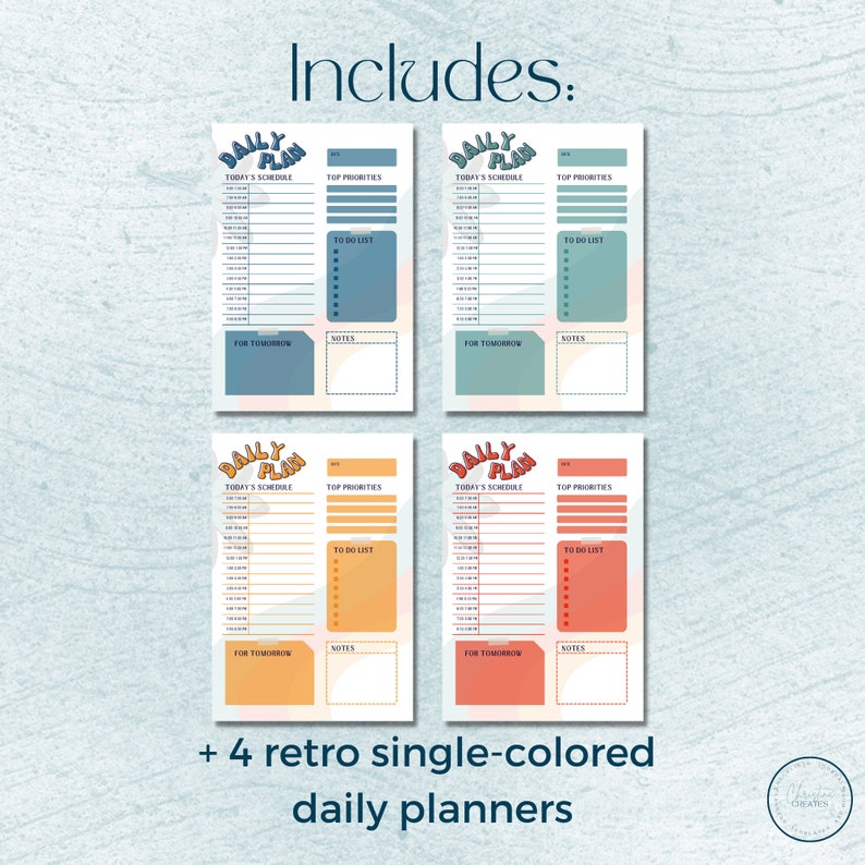 Retro Daily Planner Printable, One Page Digital Plan, Undated Hourly ...