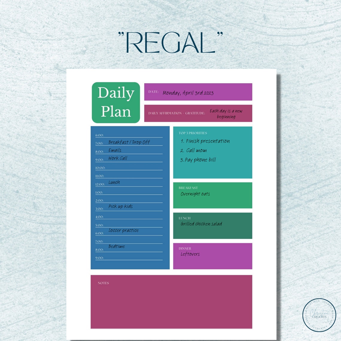 Regal Daily Planner, Printable Daily Planner Page, One Page Planner ...