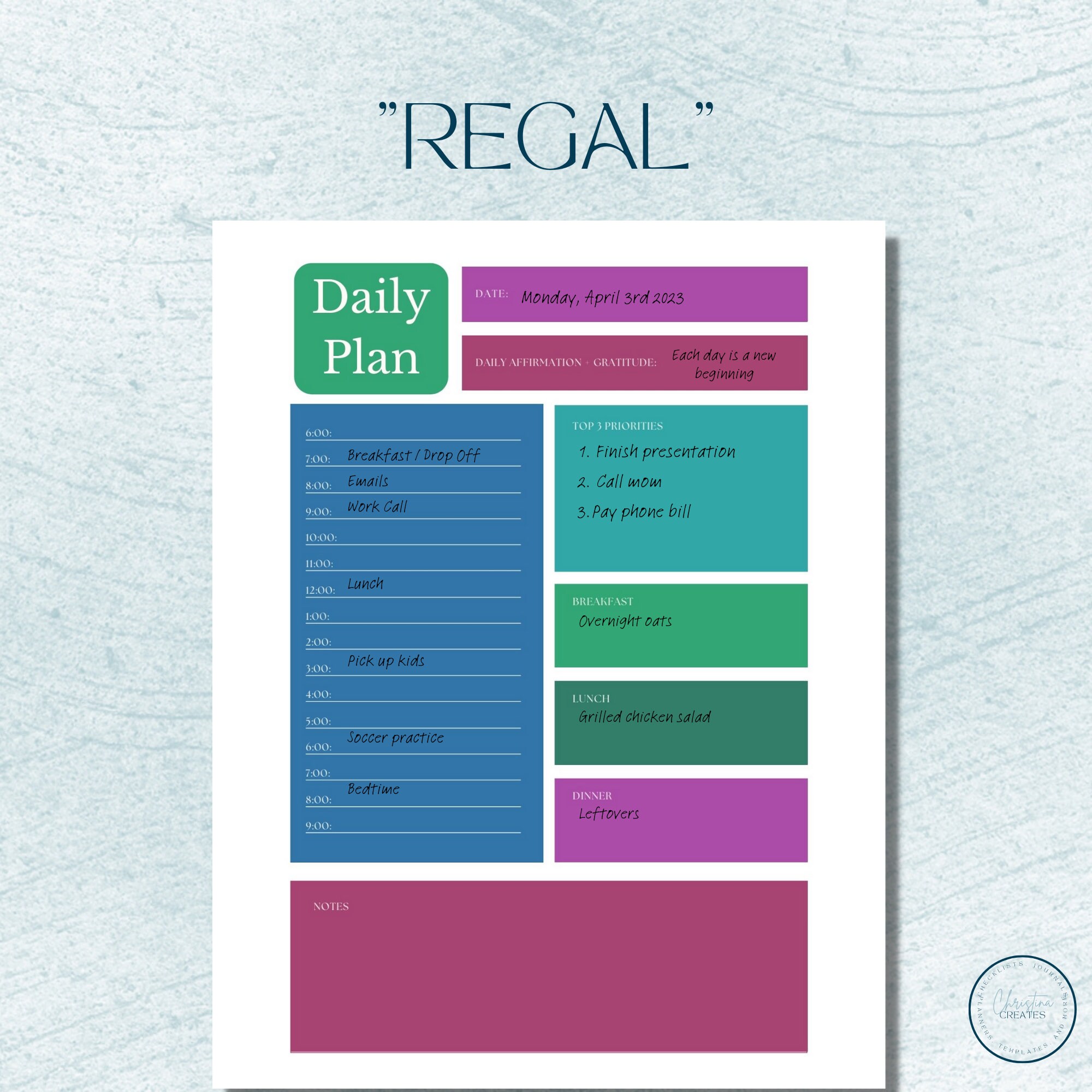Regal Daily Planner, Printable Daily Planner Page, One Page Planner ...
