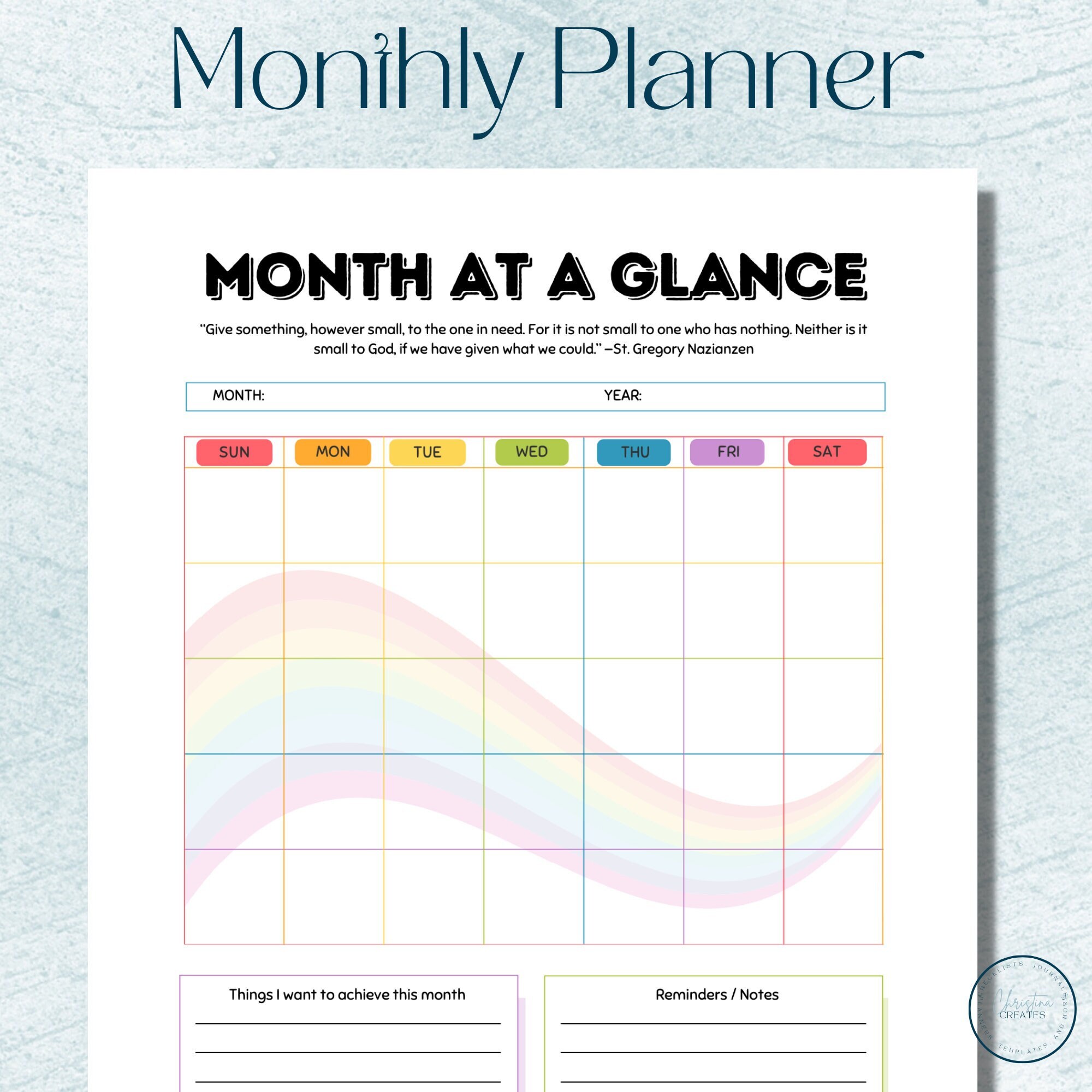 Rainbow Month at a Glance Printable 2023, Blank Monthly Planner Digital ...