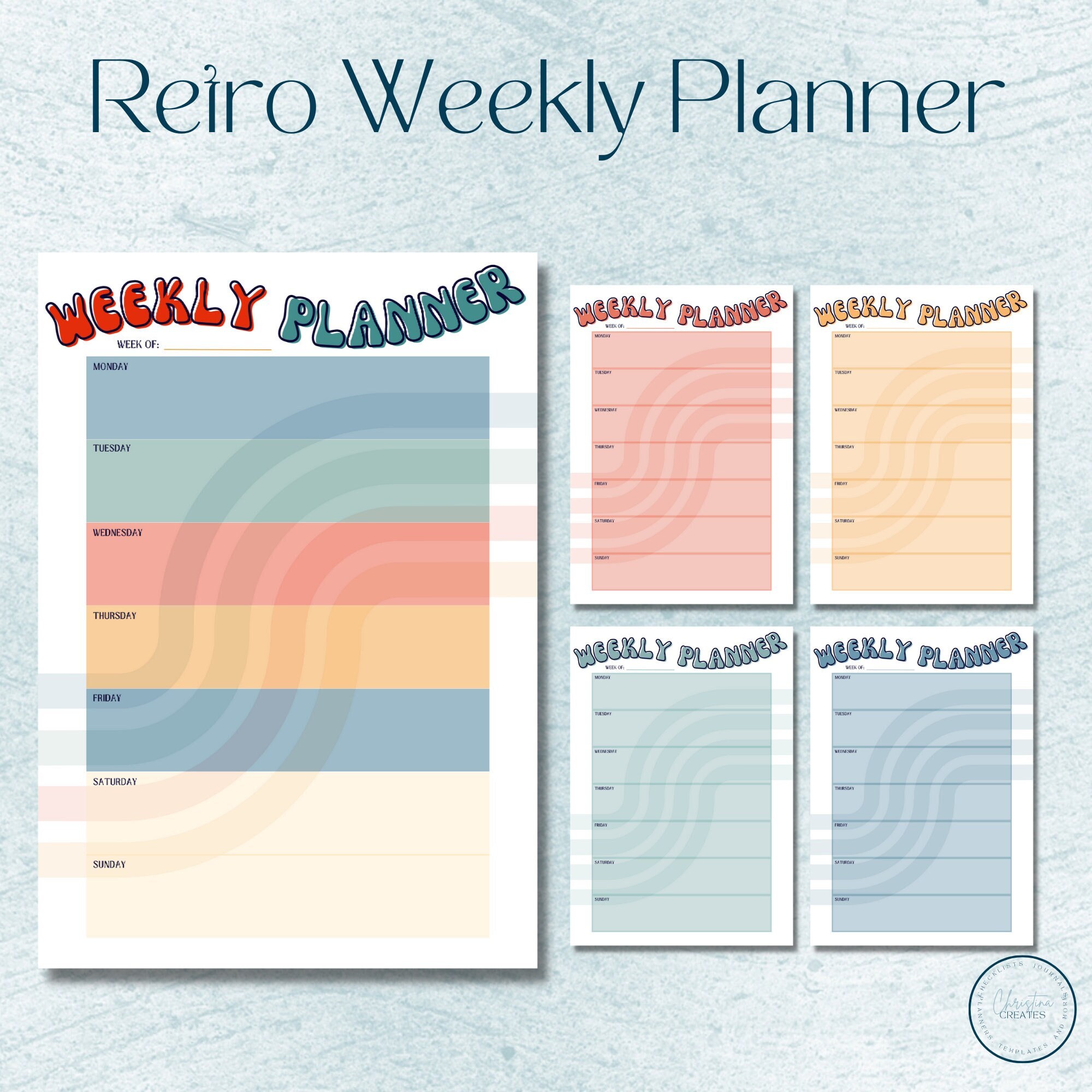 Retro Weekly Planner Printable, Full Week at a Glance Digital Organizer ...