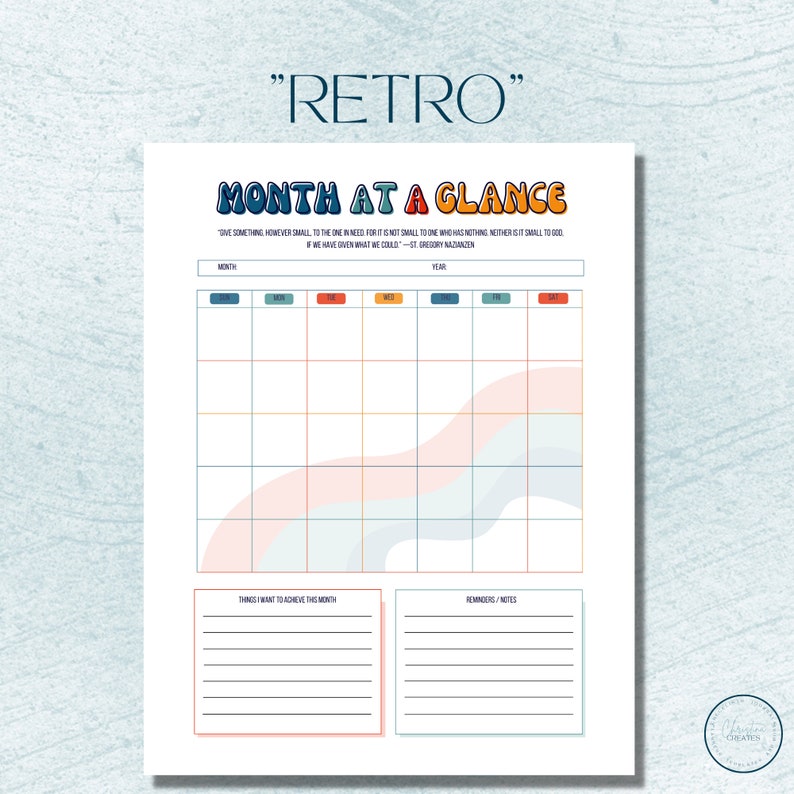 Retro Month at a Glance Printable 2023, Blank Monthly Planner Digital ...