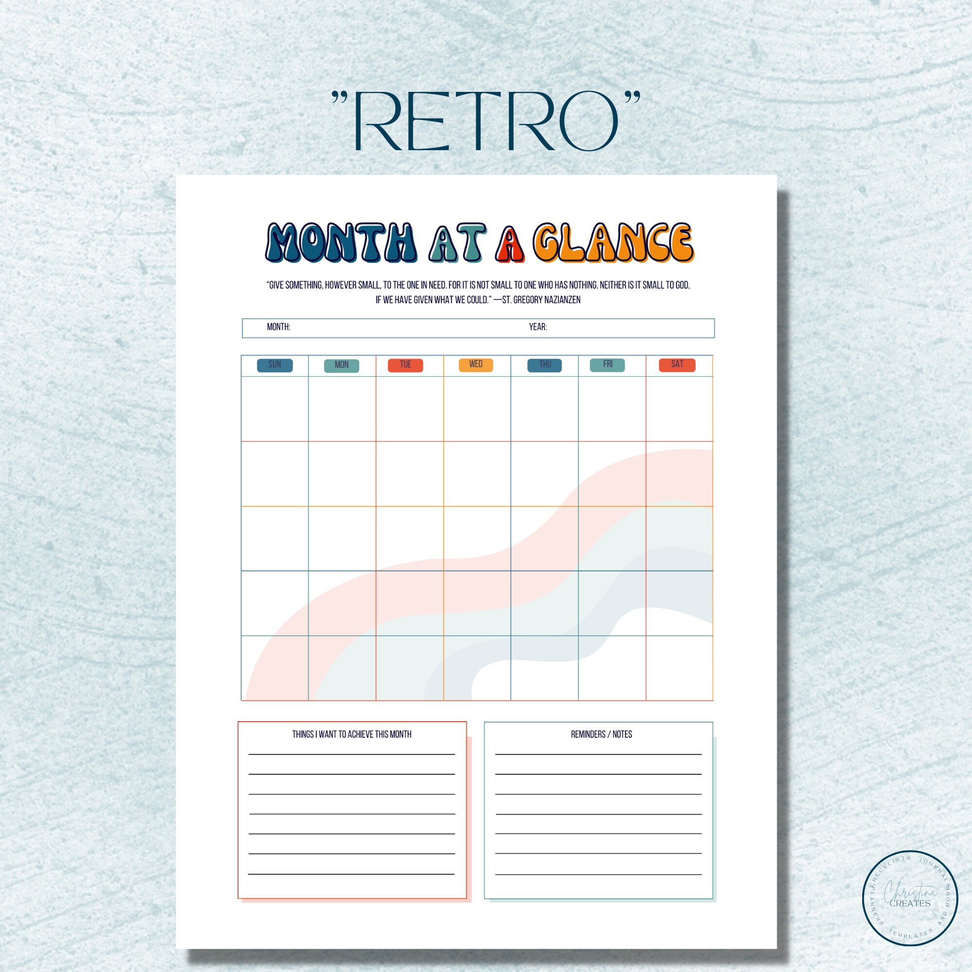 Retro Month at a Glance Printable 2023, Blank Monthly Planner Digital ...
