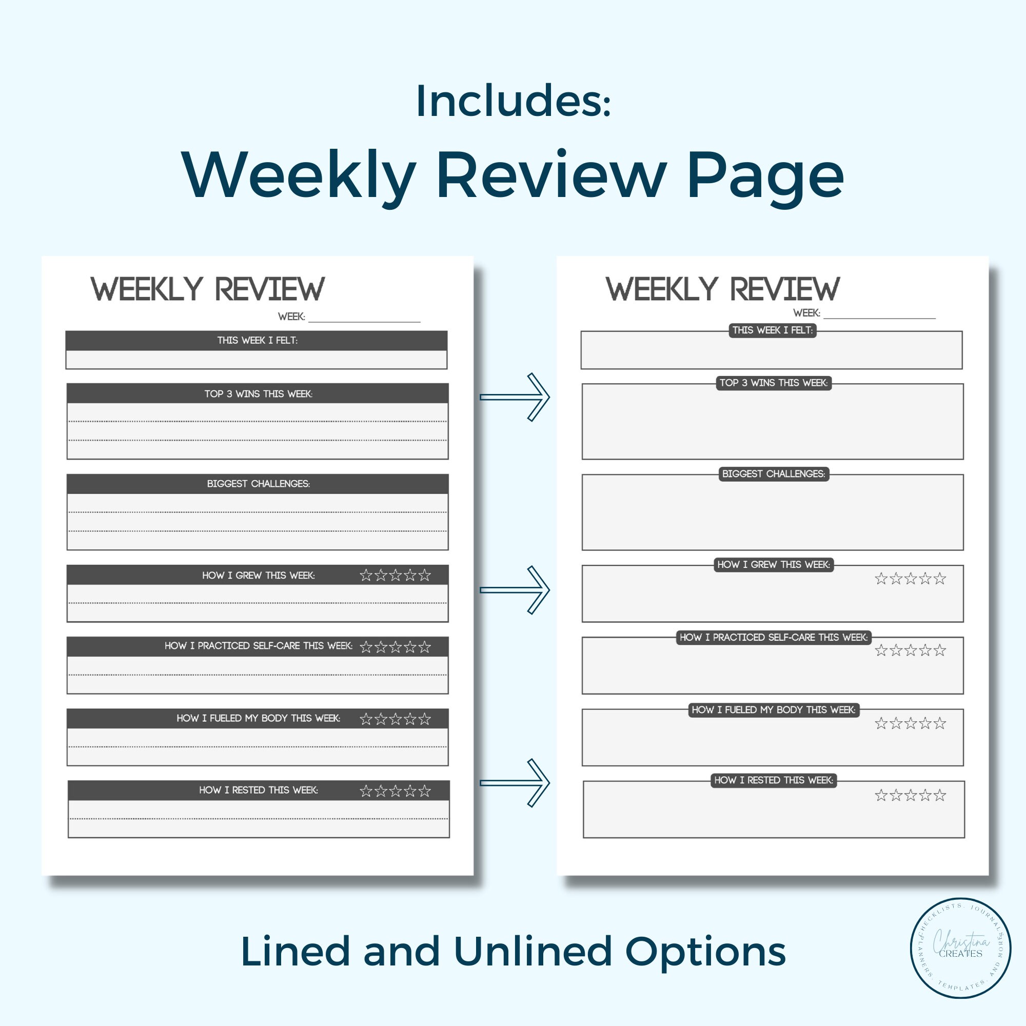 Minimal Weekly Planner Pack, One Page Digital Printable Review, Back to ...