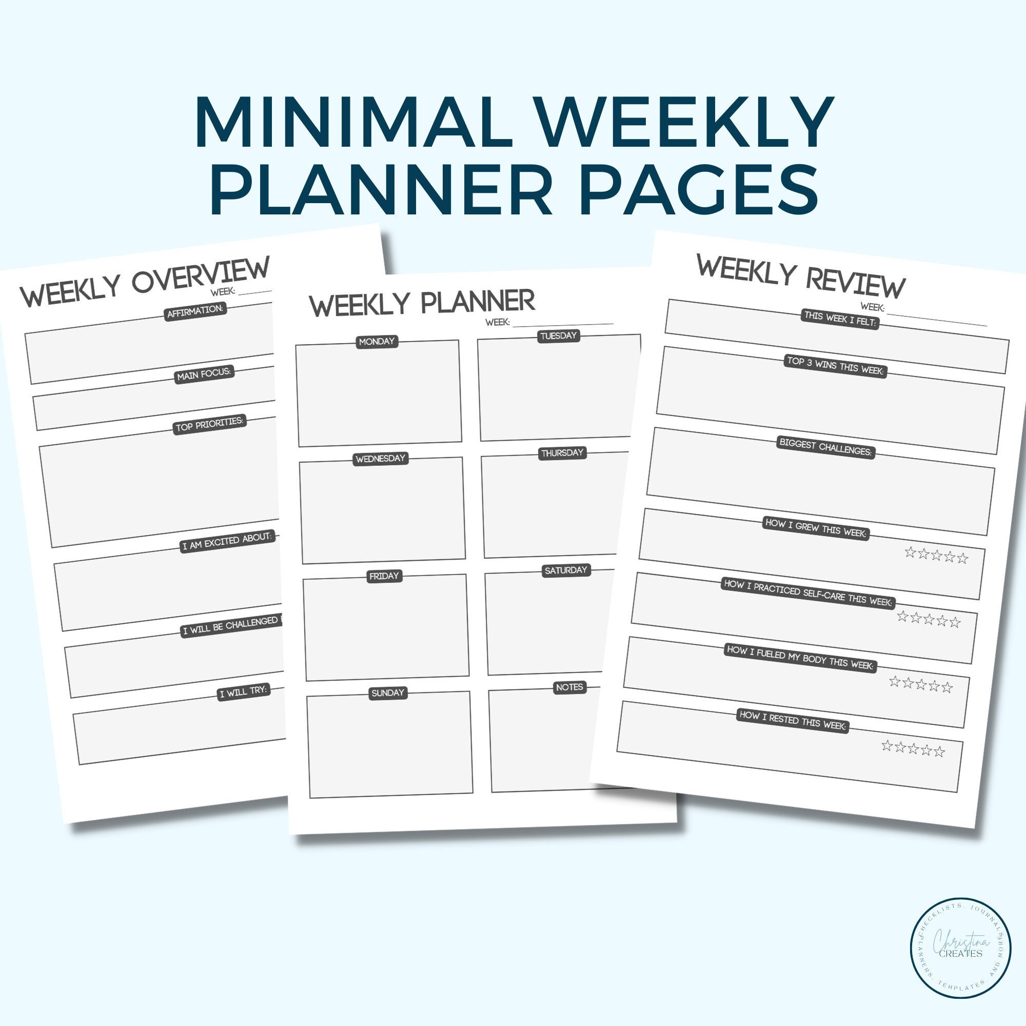 Minimal Weekly Planner Pack, One Page Digital Printable Review, Back to ...