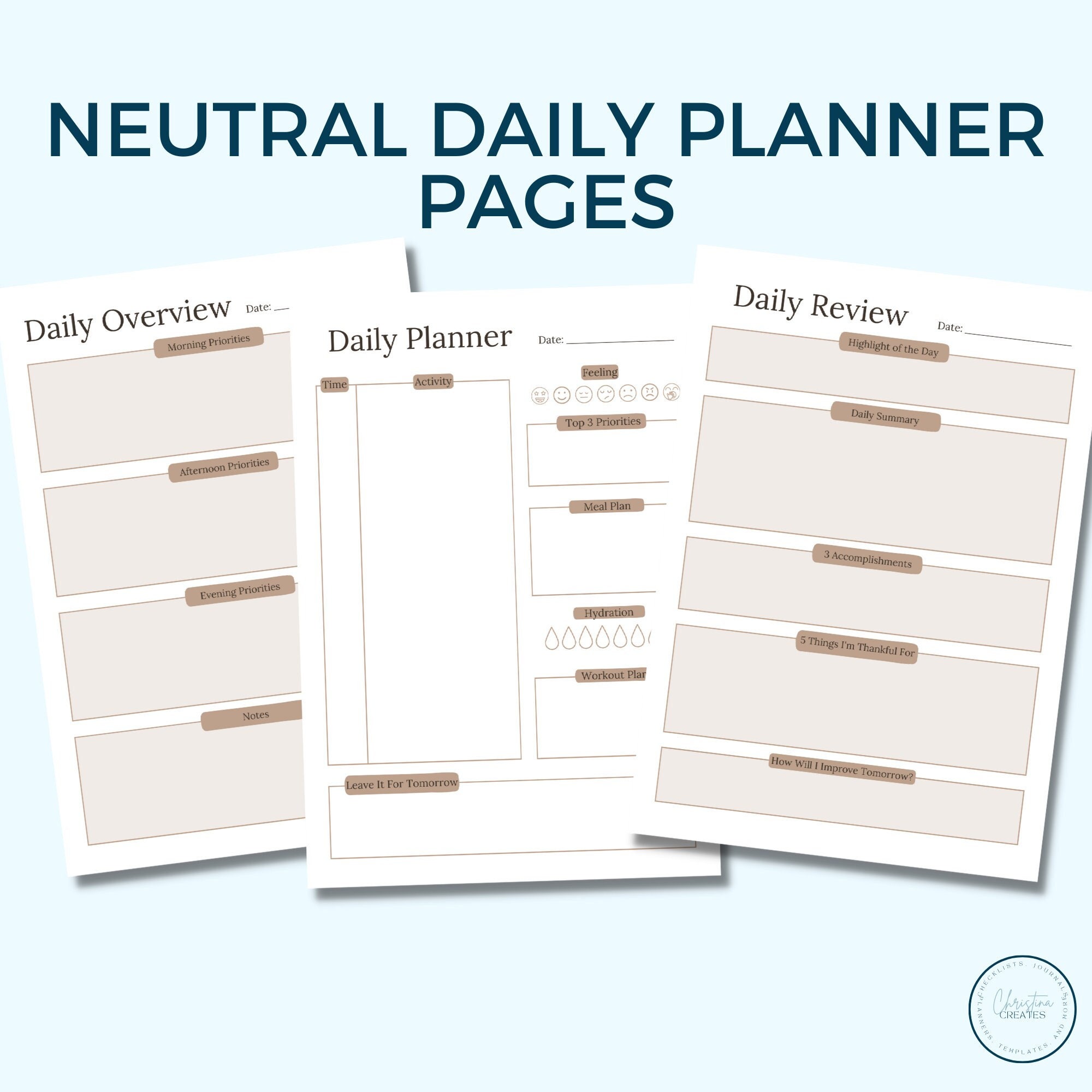 Neutral Daily Planner Pack One Page Digital Printable Review - Etsy