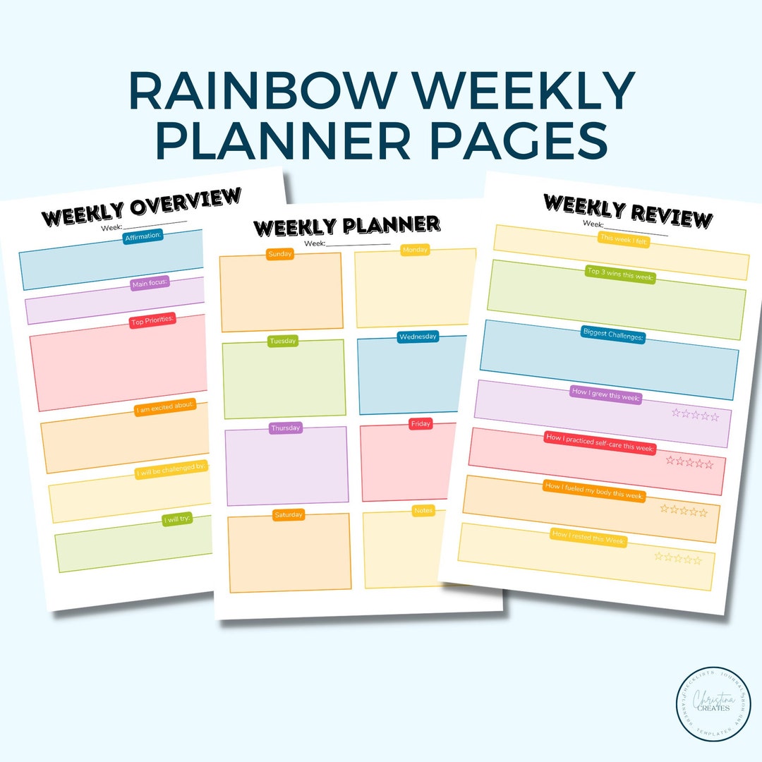 Rainbow Weekly Planner Pack, One Page Digital Printable Review, Back to ...