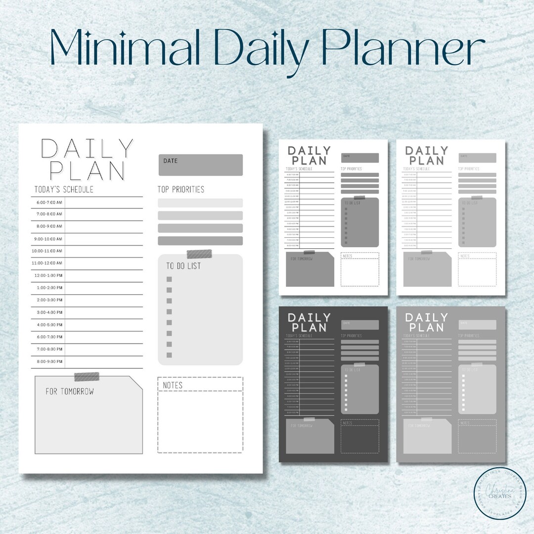 Minimal Daily Planner Printable, One Page Digital Plan, Undated Hourly ...