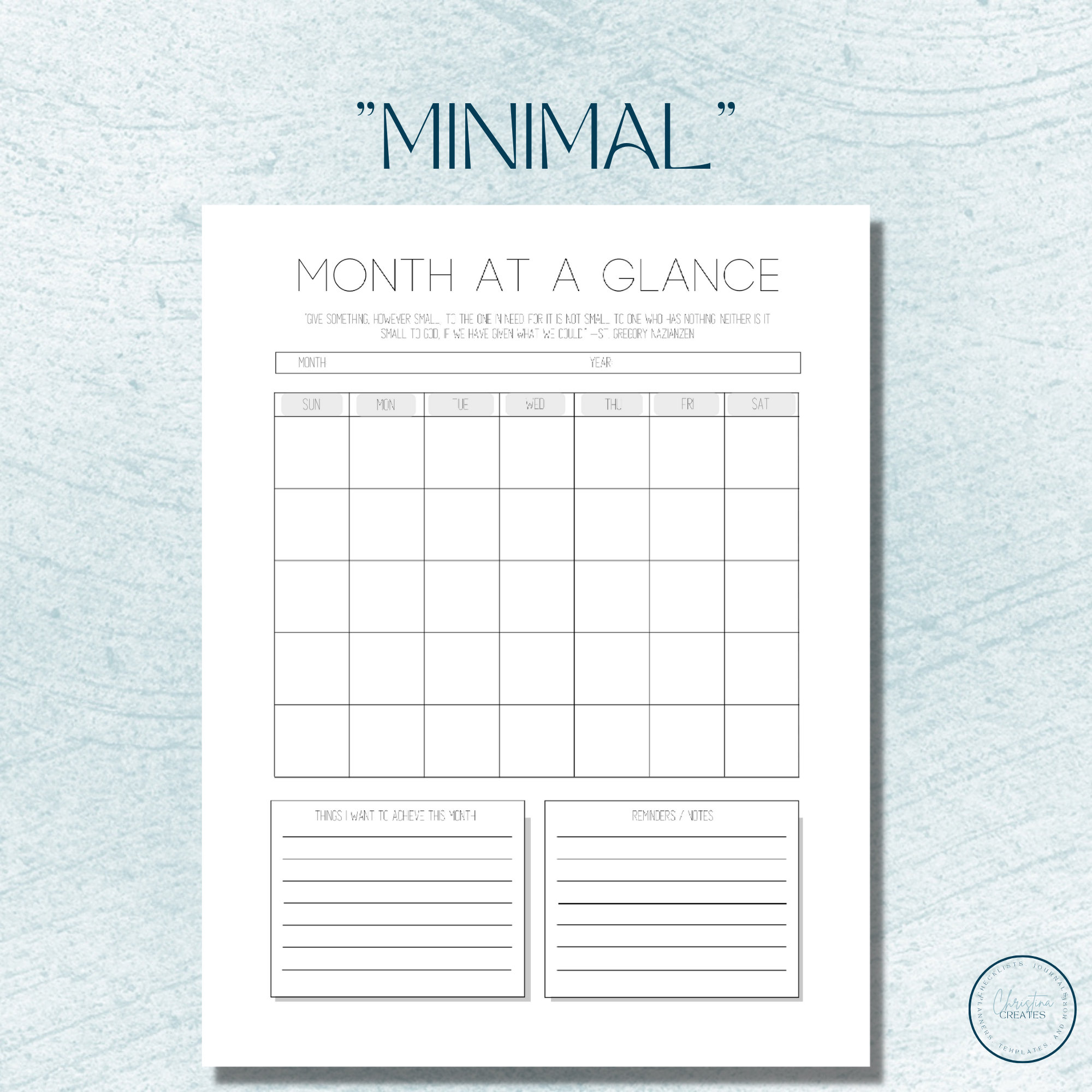 Minimal Month at a Glance Printable 2023, Blank Monthly Planner Digital ...