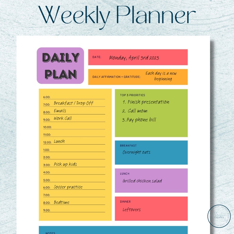 One Page Daily Planner in Six Styles, Printable Daily Planner Page, One ...