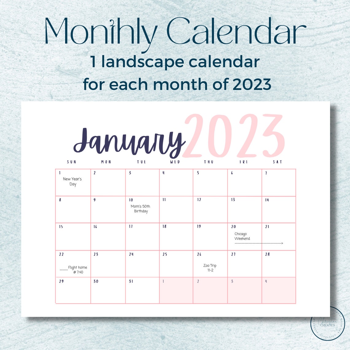 Regal Monthly Calendar 2023 Printable, Horizontal Calendar Planner ...