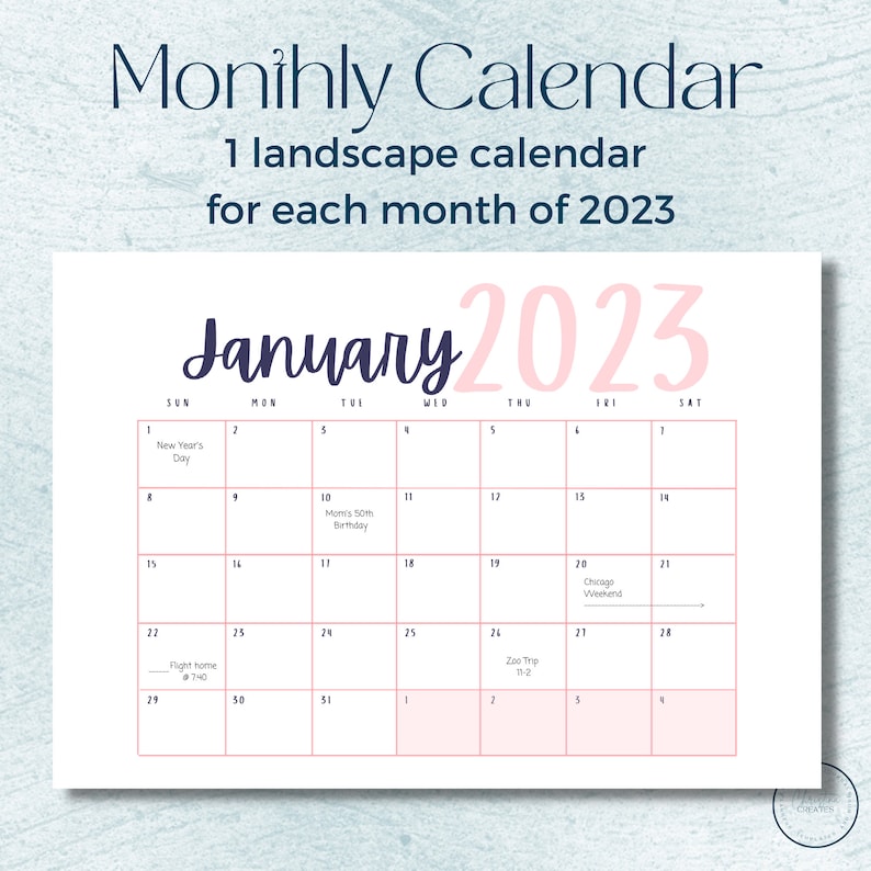 Neutral Monthly Calendar 2023 Printable, Horizontal Calendar Planner ...