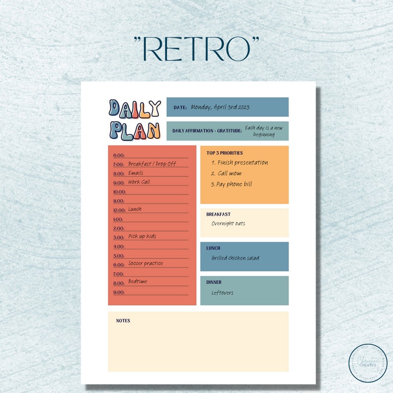 Retro Daily Planner, Printable Daily Planner Page, One Page Planner ...