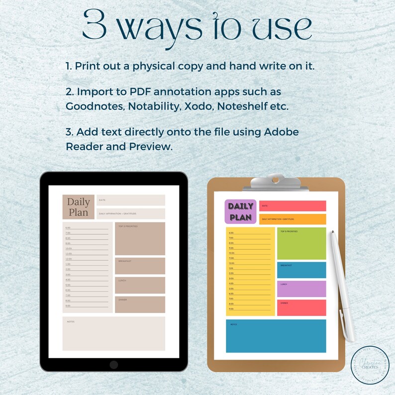 One Page Daily Planner in Six Styles, Printable Daily Planner Page, One ...