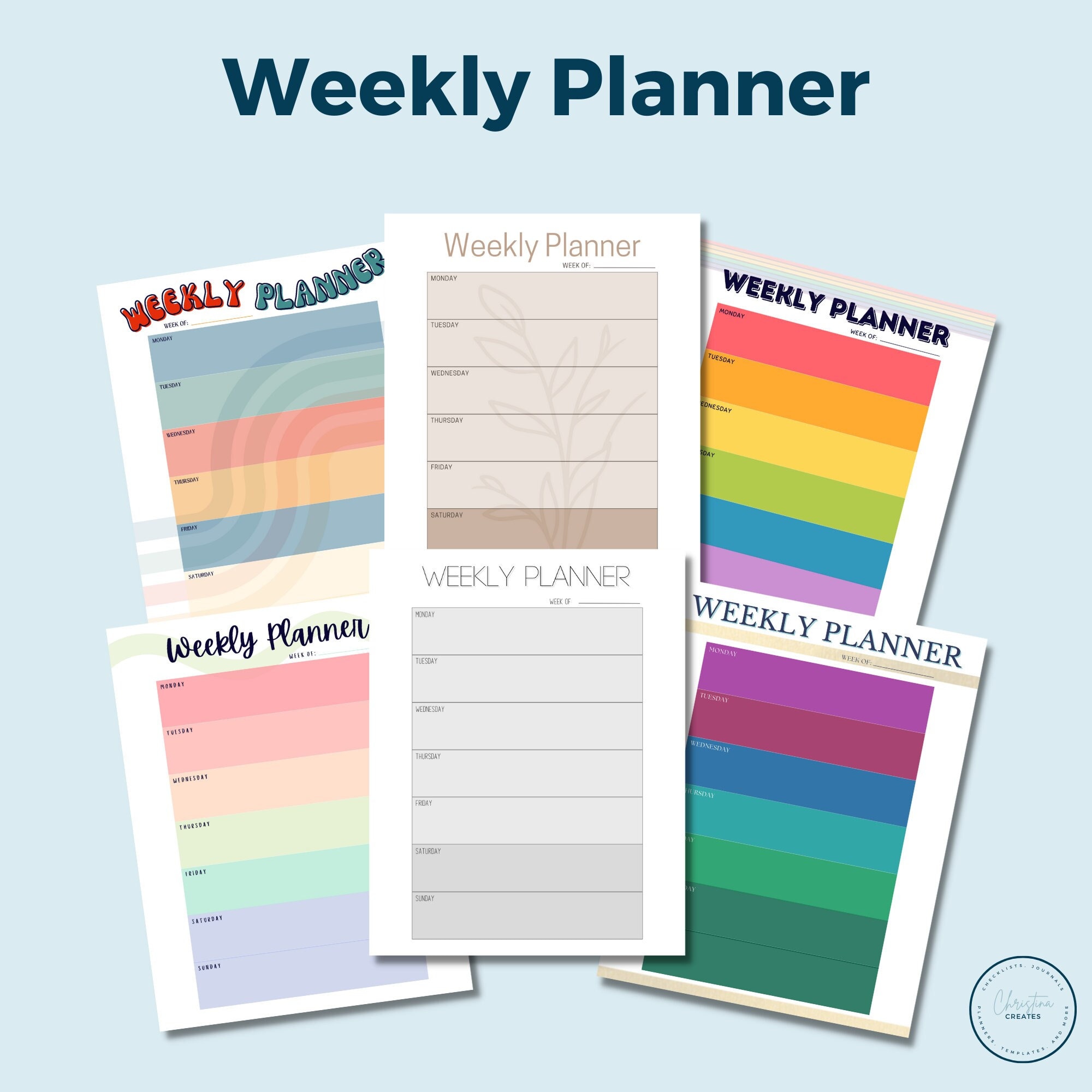 One Page Weekly Planner in Six Styles, 2023 Weekly Planner Printable ...