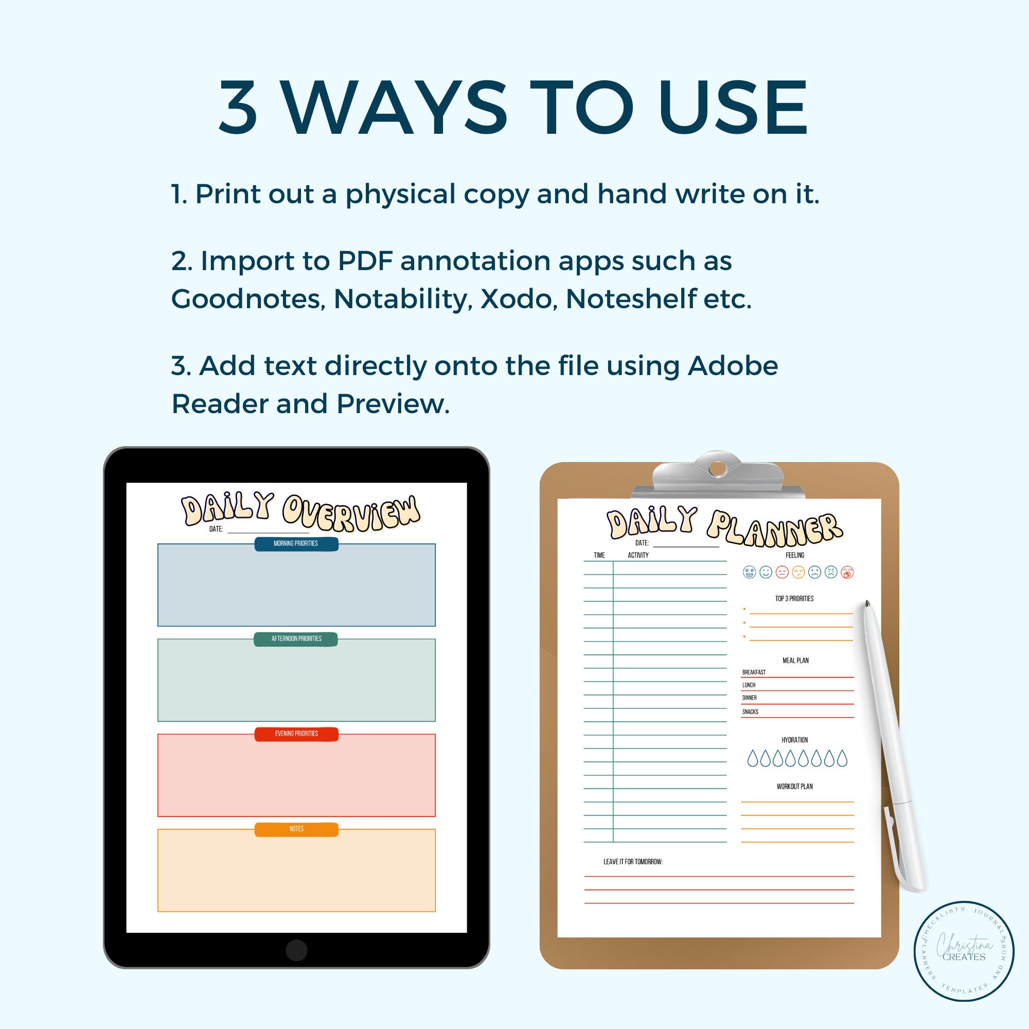 Retro Daily Planner Pack, One Page Digital Printable Review, Back to ...