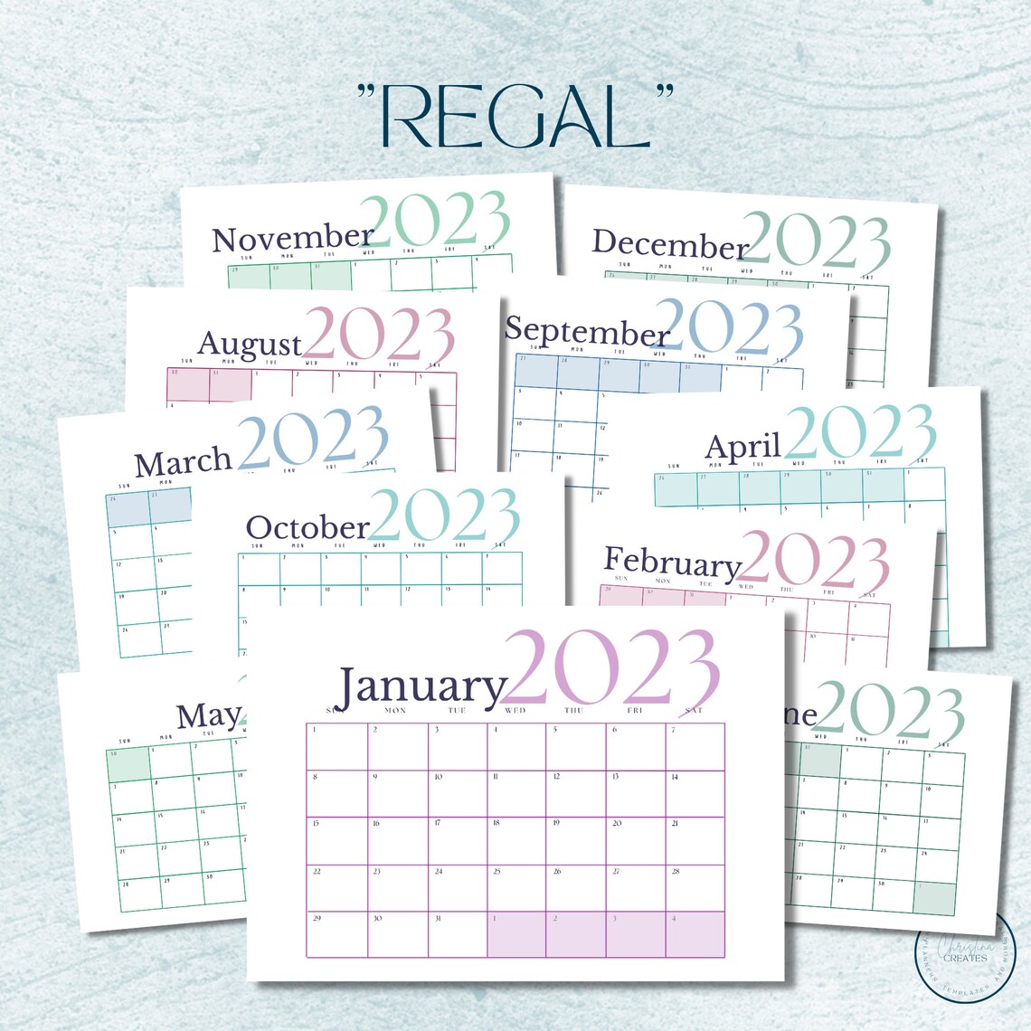Regal Monthly Calendar 2023 Printable, Horizontal Calendar Planner ...