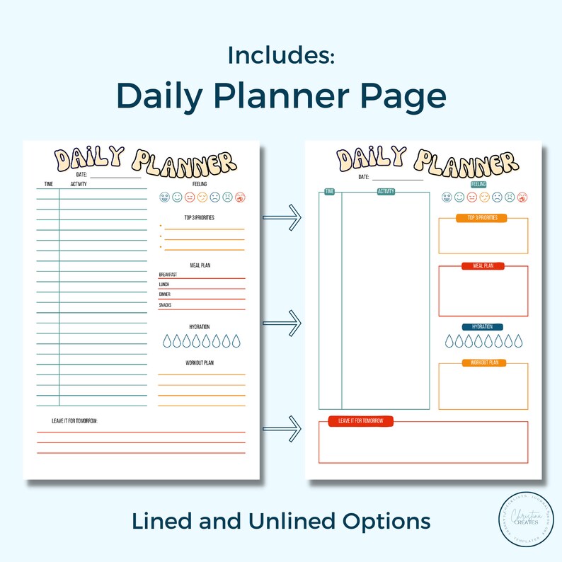 Retro Daily Planner Pack, One Page Digital Printable Review, Back to ...