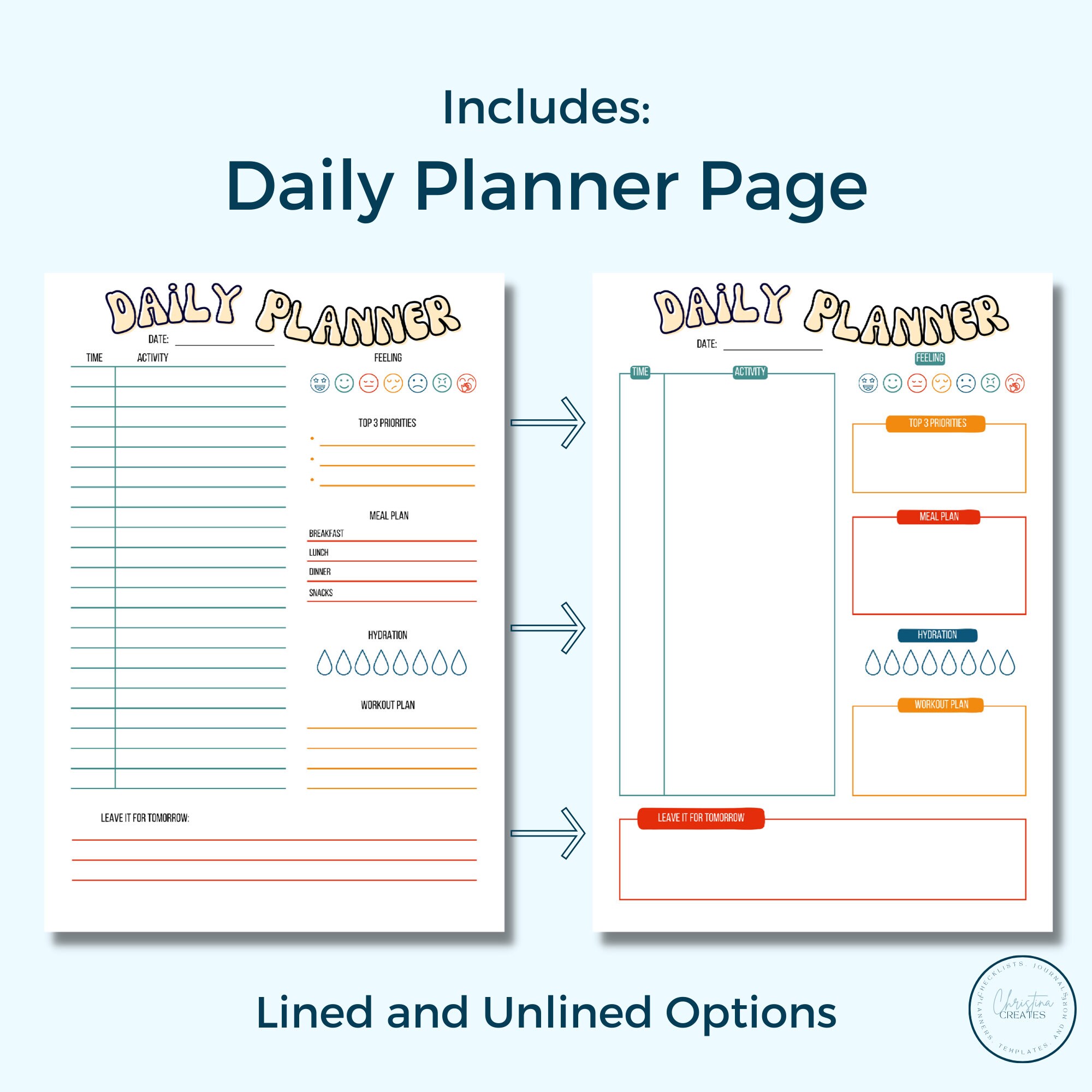 Retro Daily Planner Pack, One Page Digital Printable Review, Back to ...
