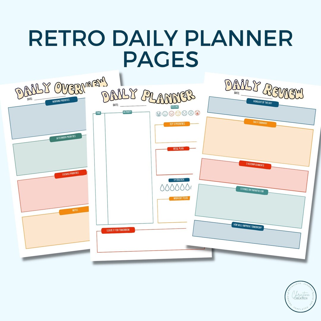 Retro Daily Planner Pack, One Page Digital Printable Review, Back to ...