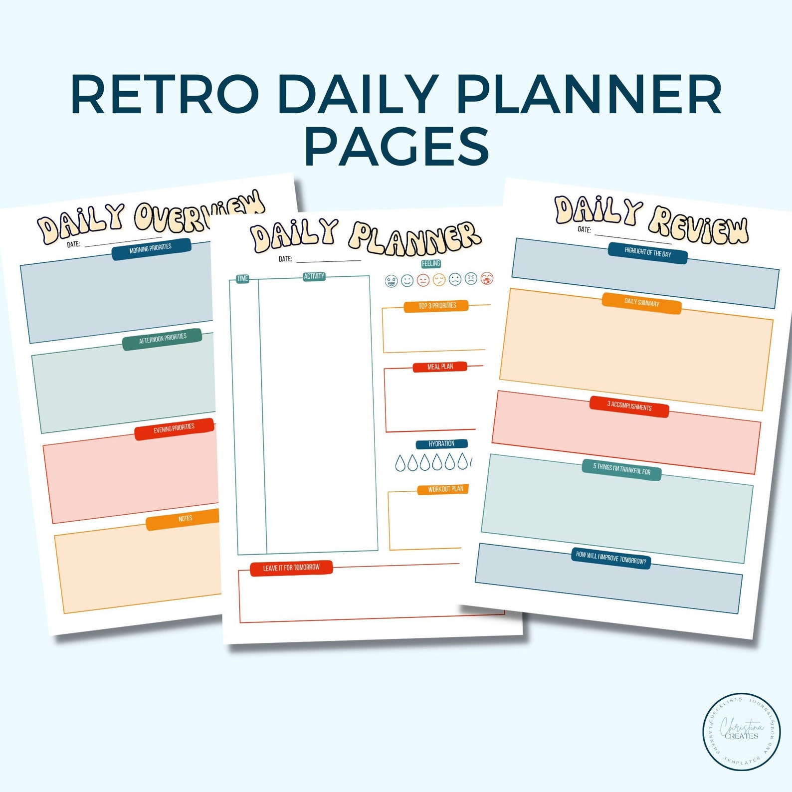 Retro Daily Planner Pack, One Page Digital Printable Review, Back to ...