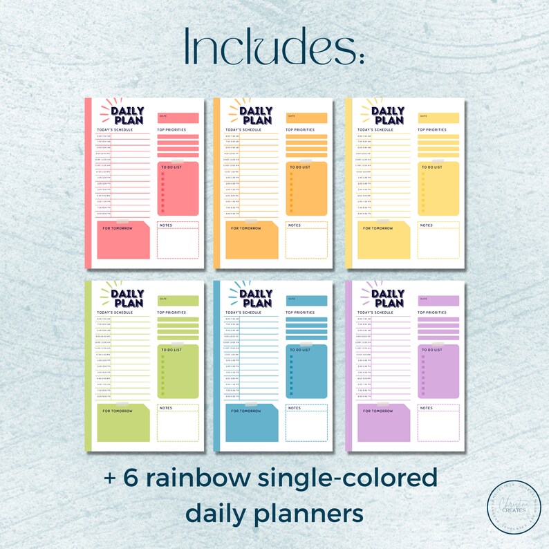 Rainbow Daily Planner Printable, One Page Digital Plan, Undated Hourly ...