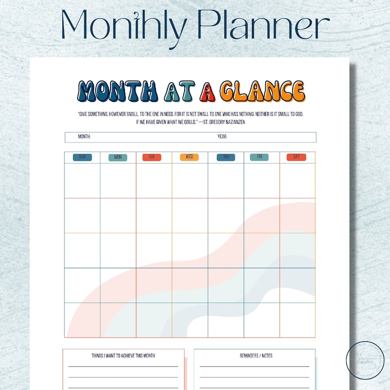 Retro Month at a Glance Printable 2023, Blank Monthly Planner Digital ...