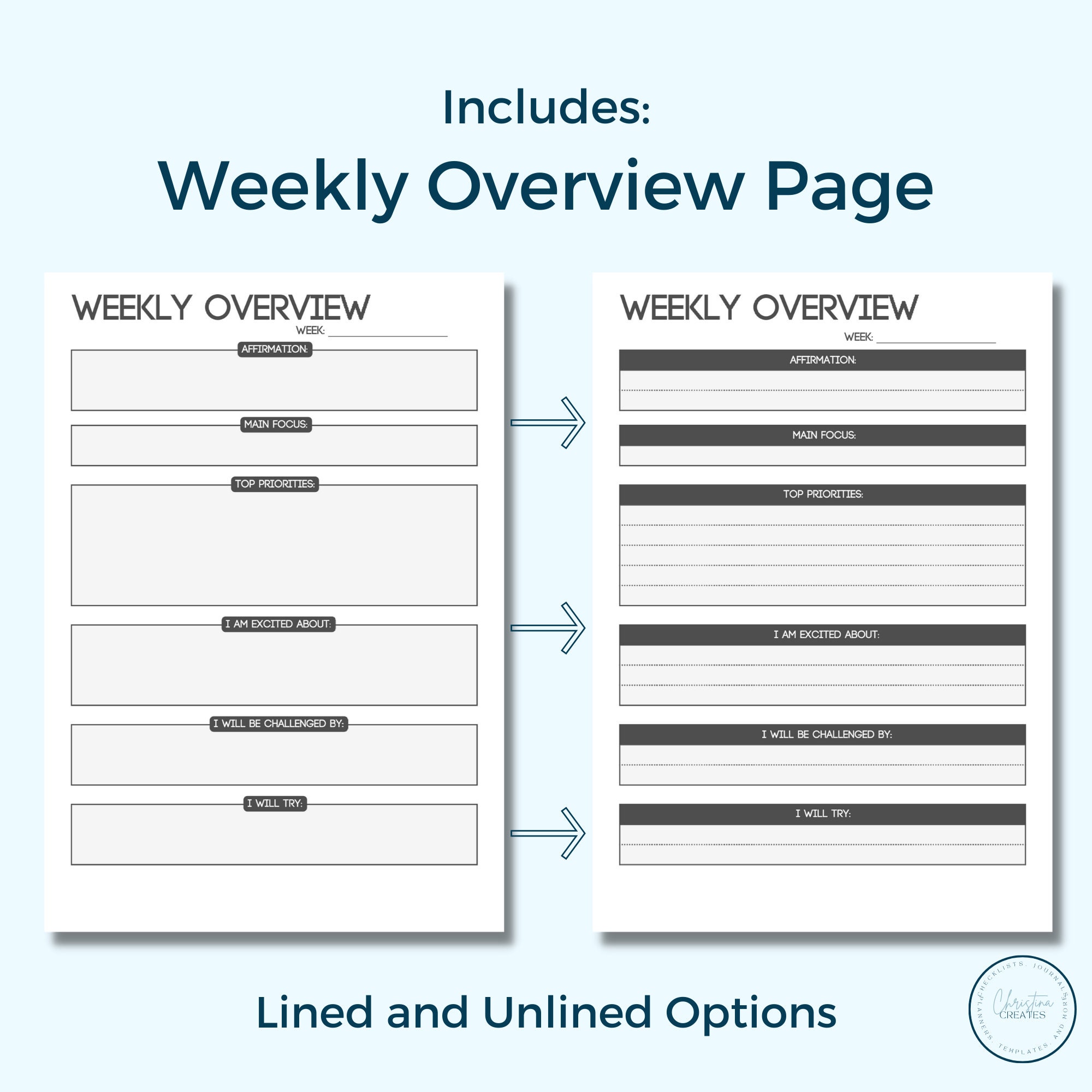 Minimal Weekly Planner Pack, One Page Digital Printable Review, Back to ...