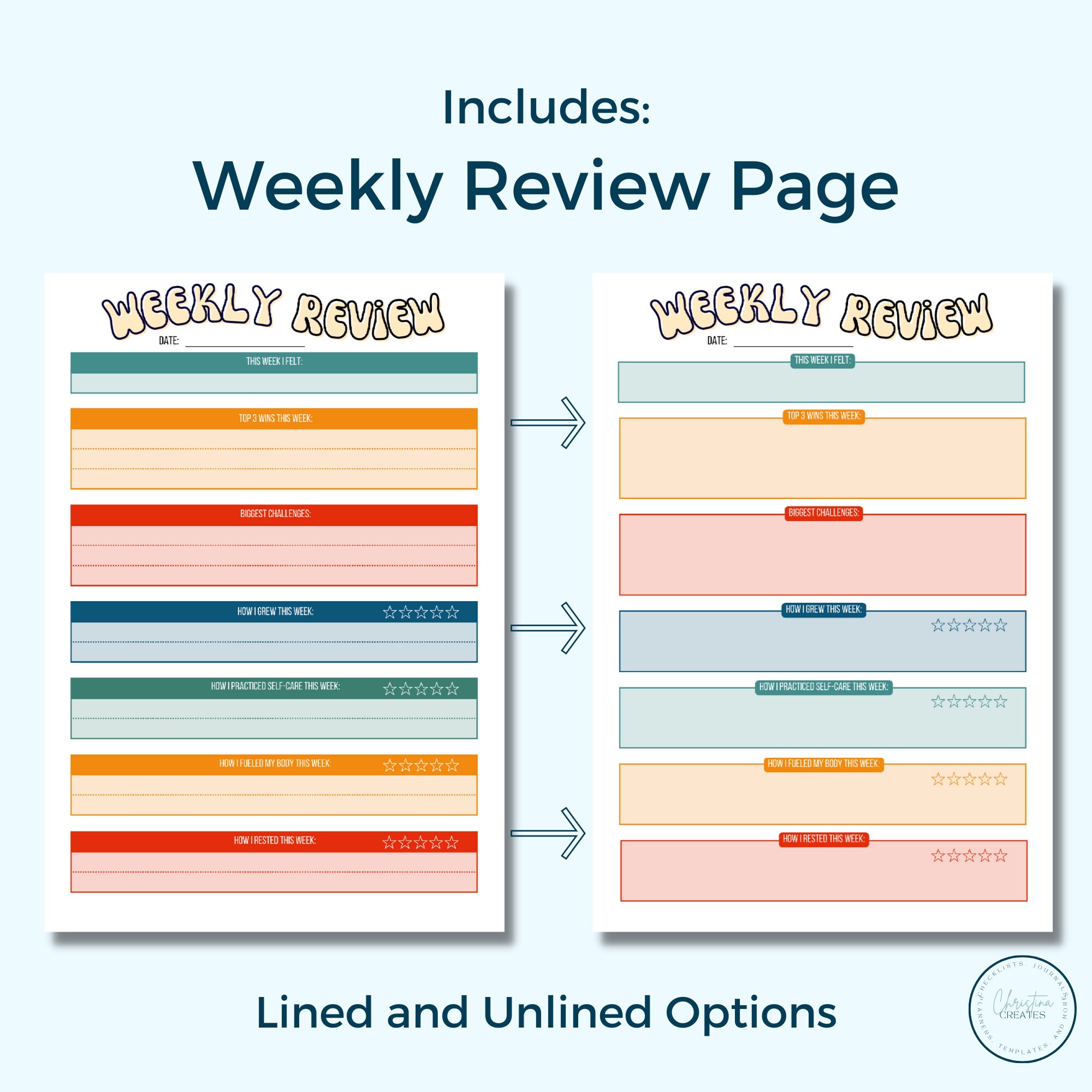 Retro Weekly Planner Pack, One Page Digital Printable Review, Back to ...