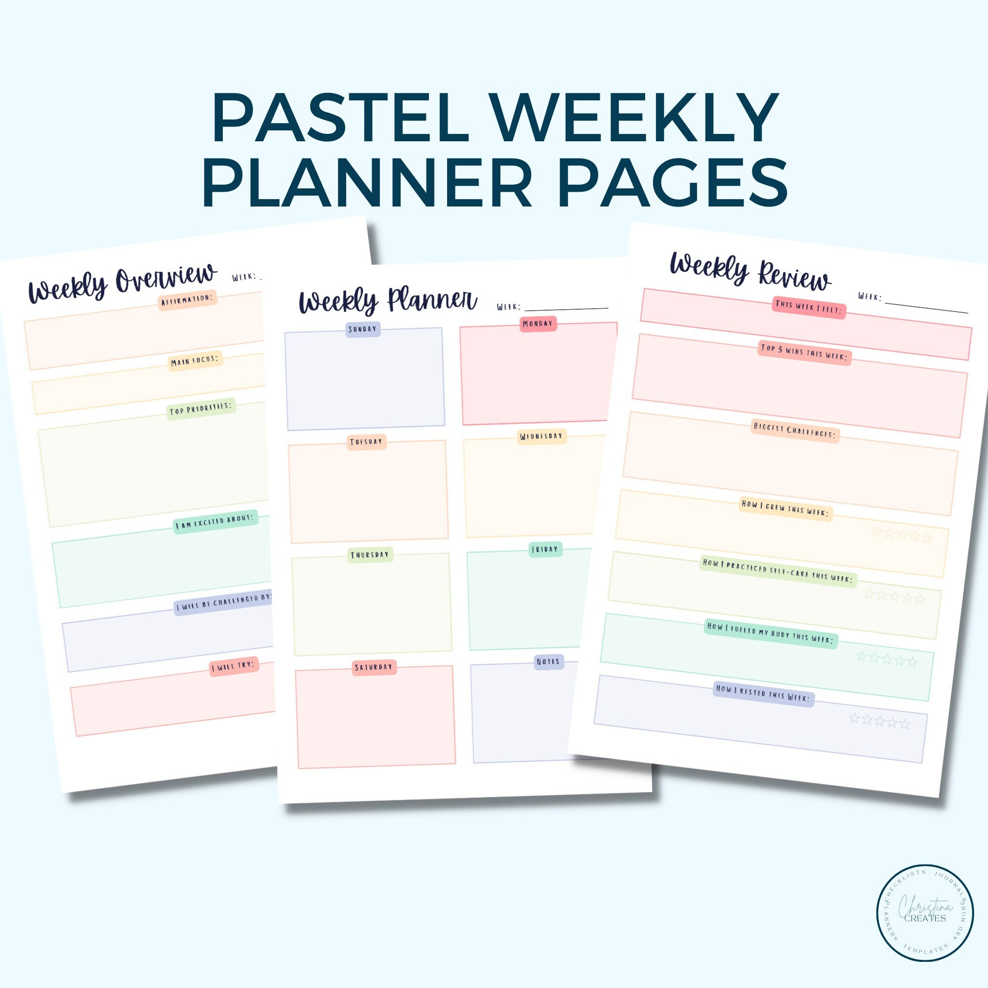 Pastel Weekly Planner Pack, One Page Digital Printable Review, Back to ...