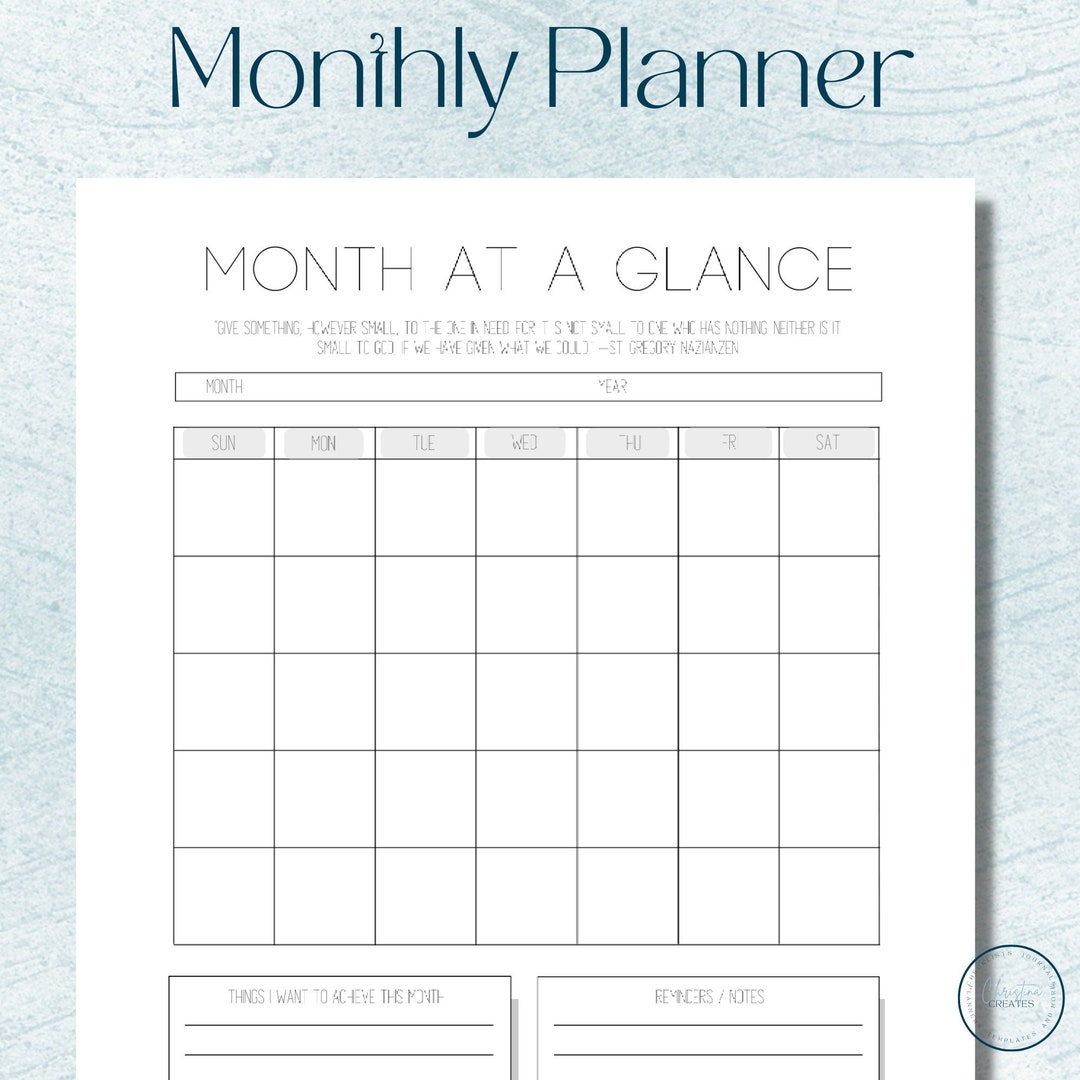 Minimal Month at a Glance Printable 2023, Blank Monthly Planner Digital ...