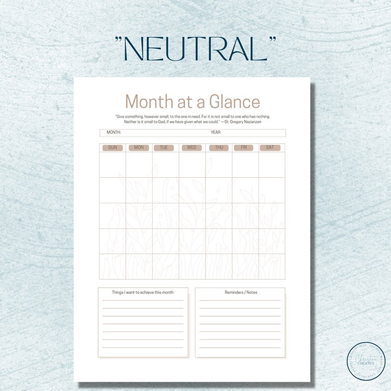 Neutral Month at a Glance Printable 2023, Blank Monthly Planner Digital ...