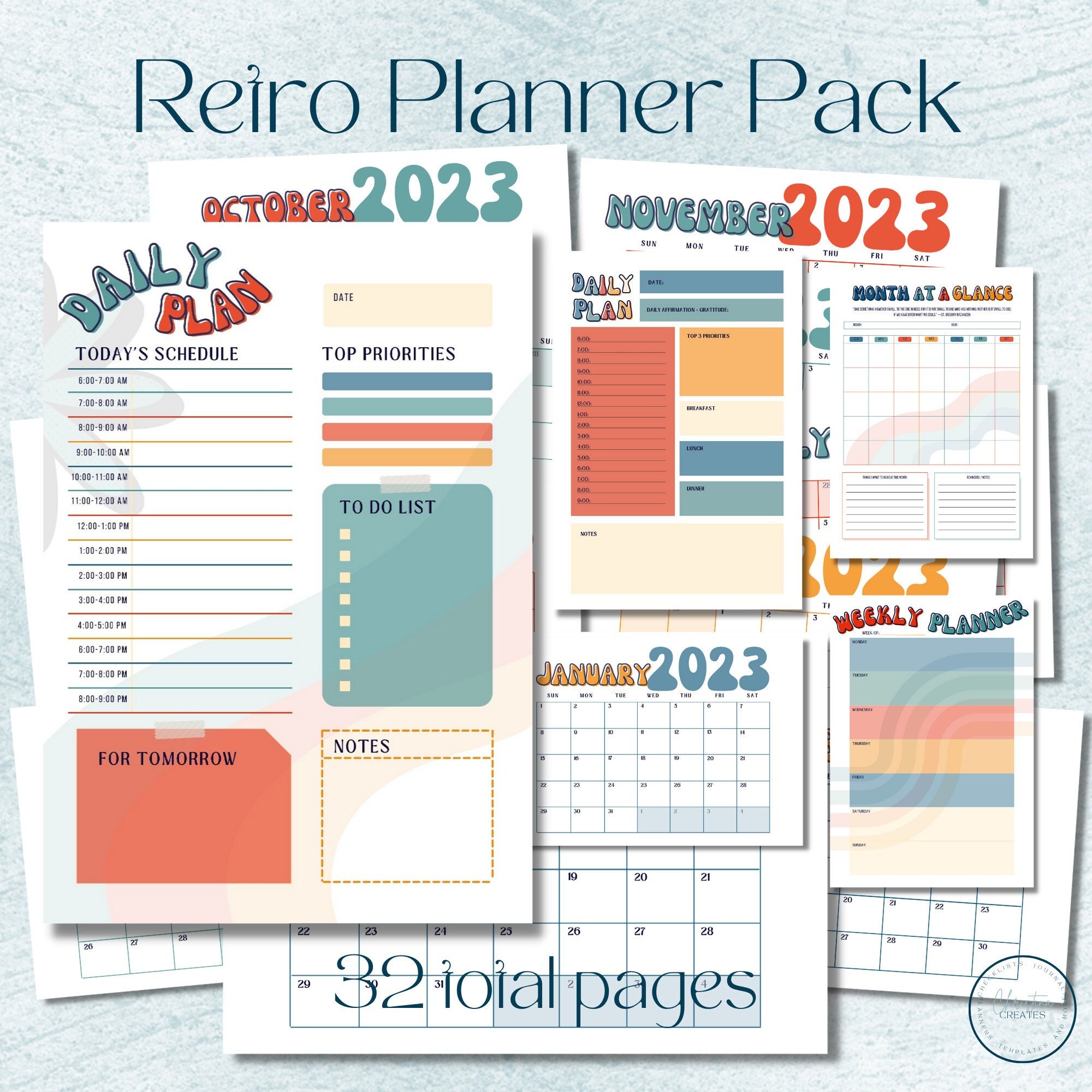 Retro Planner Pack Digital, Cute One Page Schedule, Daily Weekly ...