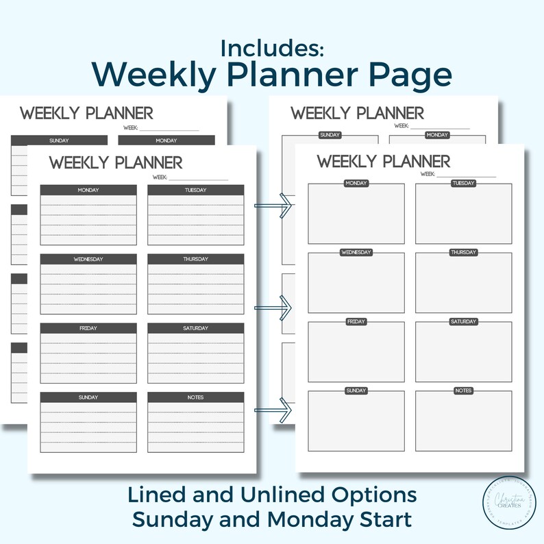 Minimal Weekly Planner Pack, One Page Digital Printable Review, Back to ...