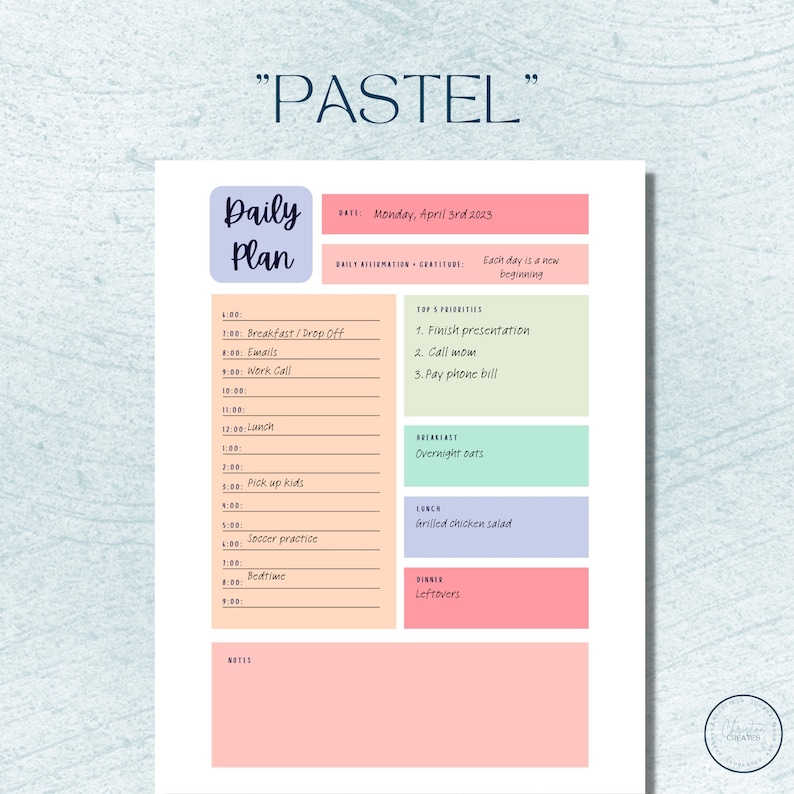 Pastel Daily Planner, Printable Daily Planner Page, One Page Planner ...